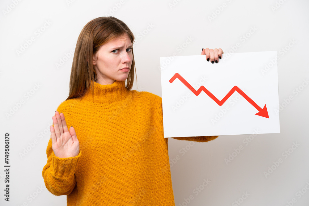 Young English woman isolated on white background holding a sign with a ...