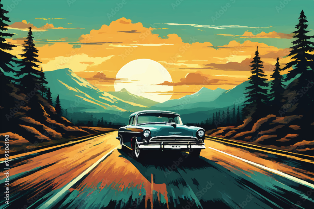 Classic vintage car on highway illustration. Beautiful retro car ...