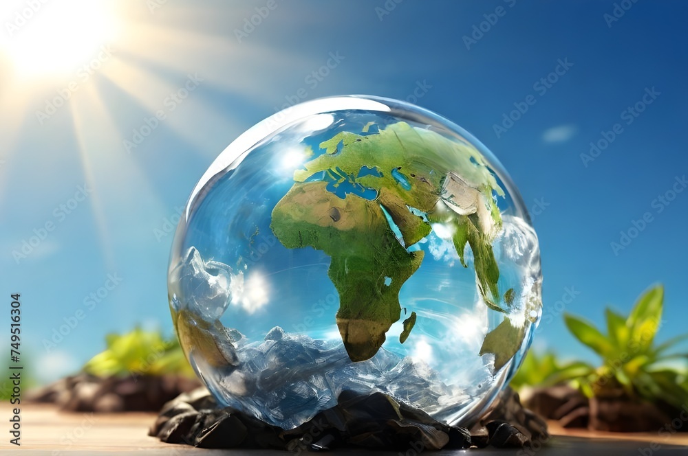 Earth transparent crystal glass globe with continents on daytime nature ...