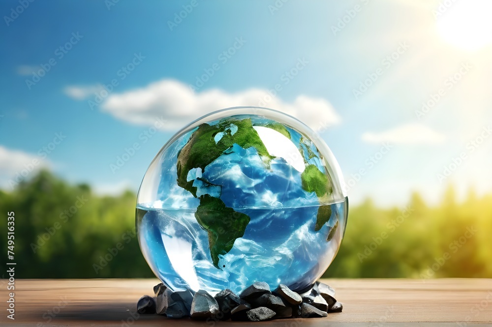 Earth transparent crystal glass globe with continents on daytime nature ...