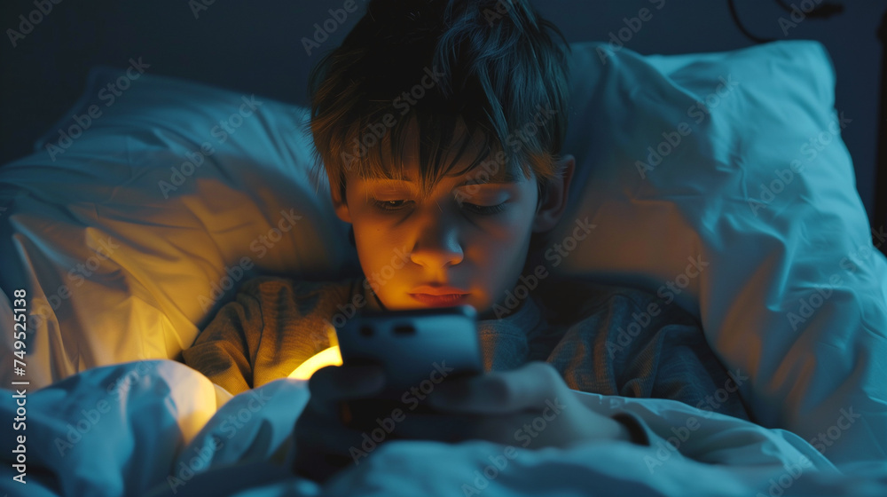 Young Boy Is Addicted to a Phone, Sleepy Exhausted Lying in Bed Using a ...