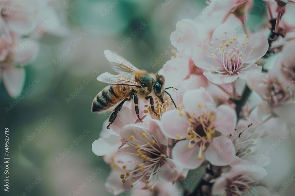 Bee pollinating a flower A close-up view showcasing the vital role of ...