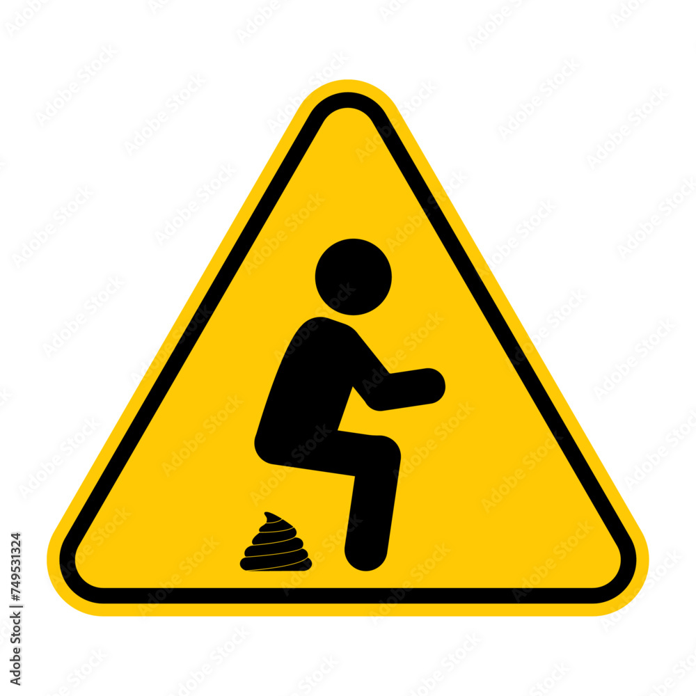 Pooping warning sign. Vector illustration of yellow triangle sign with man squatting and ...