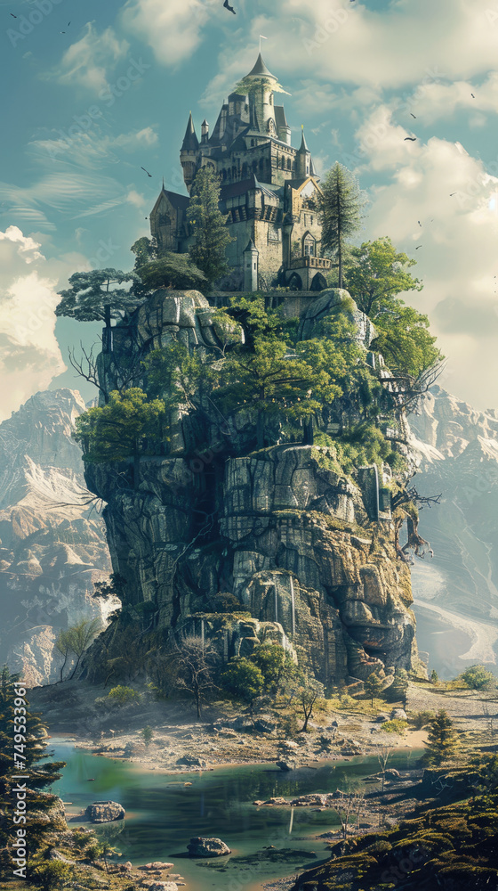 Majestic castle perched atop a soaring rock - A fantastical castle sits ...