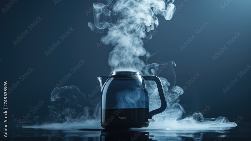 Modern electric kettle releasing steam on dark background - Dark ...