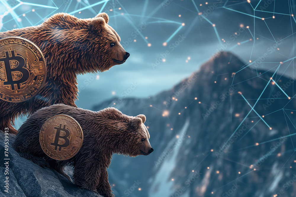 A Digital technology bear and the bear climb down from the mountain ...