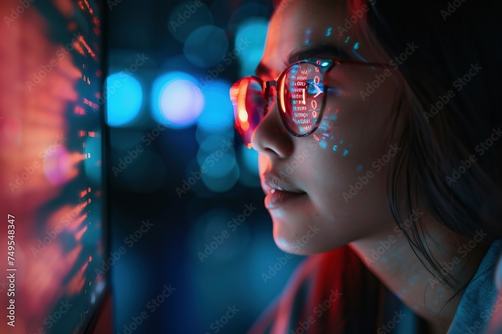 Young woman staring at the computer screen with digital code reflection ...