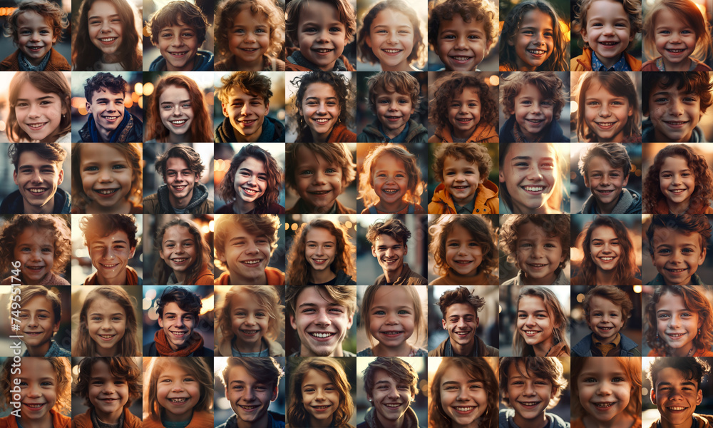 collage of European young boys and girls smiling, collage of portrait ...