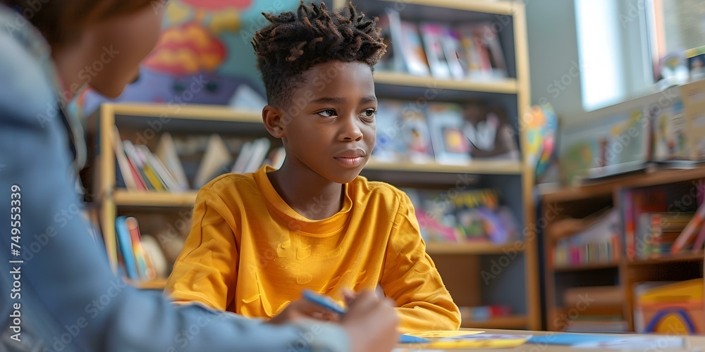 ภาพประกอบสต็อก Teacher helps autistic student with weather flashcards ...