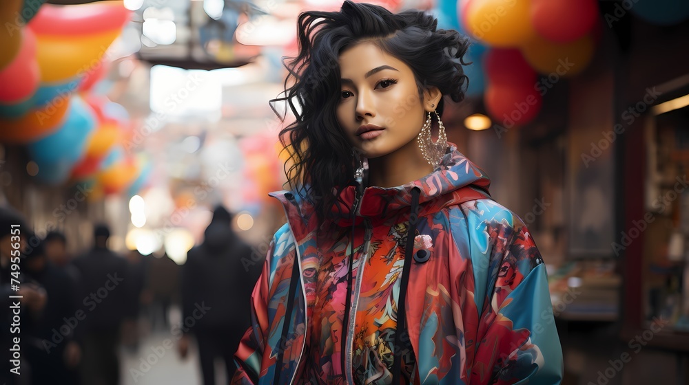 A fashionable Japanese model posing against a backdrop of colorful ...