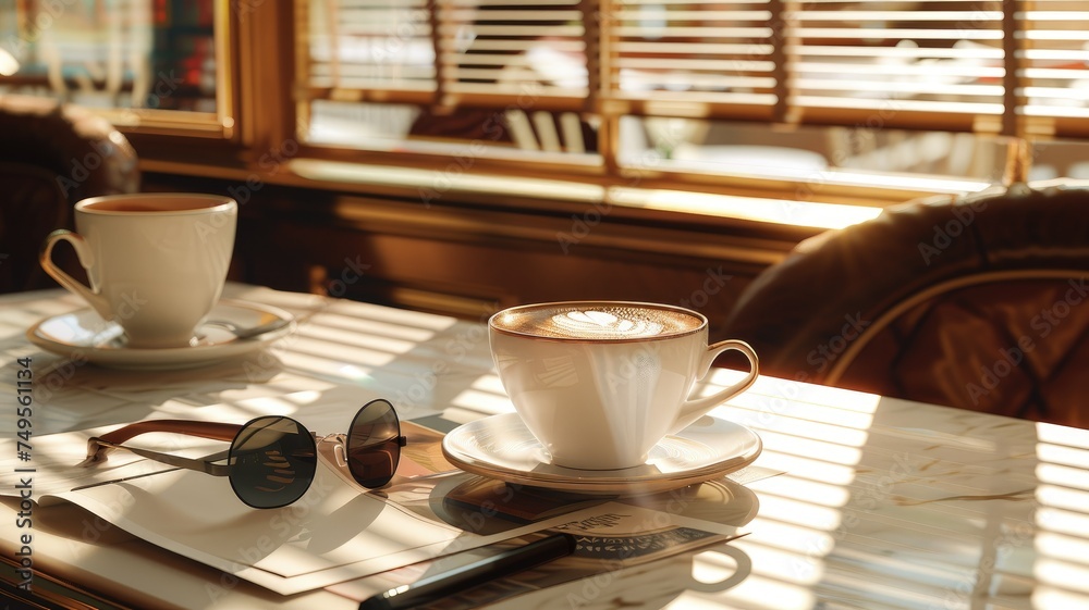 Morning coffee scene on sunny table - Sunlight streams through blinds ...