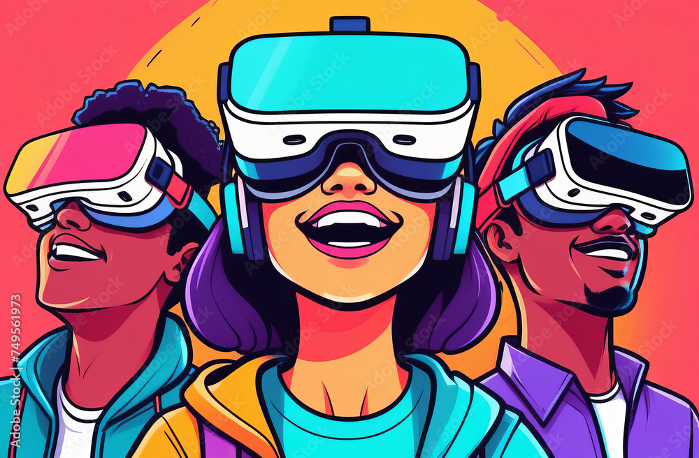 Futuristic world of virtual reality, Hand drawn style People wearing VR ...