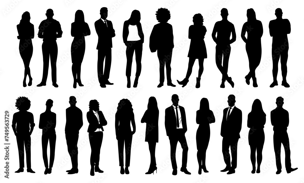 Silhouettes of business people standing, men and women full length in ...