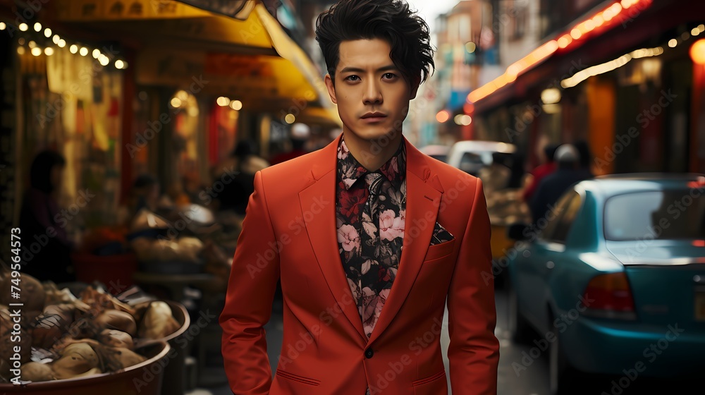 A Japanese male model posing in a bustling street, wearing a vibrant ...