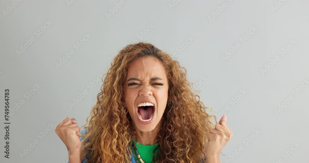 Woman, anger and screaming with depression in studio for stress, mental ...