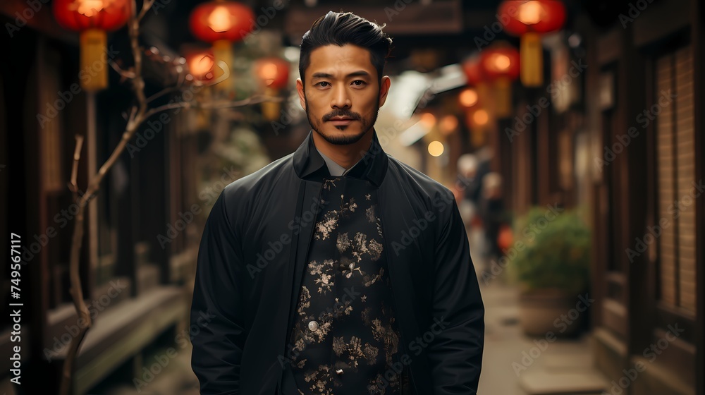 A Japanese male model striking a confident pose in front of a ...