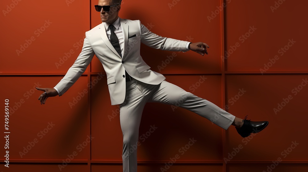 A modern and chic male model strikes a dynamic pose in a stylish outfit ...