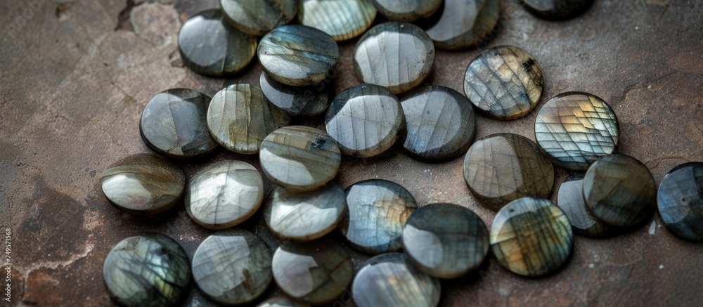 A pile of rocks made from labradorite sits on top of a cement ground ...