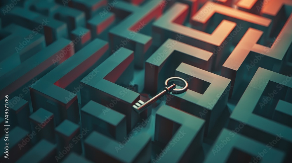 Solution Quest, 3D maze with a key in the center symbolizes challenges ...