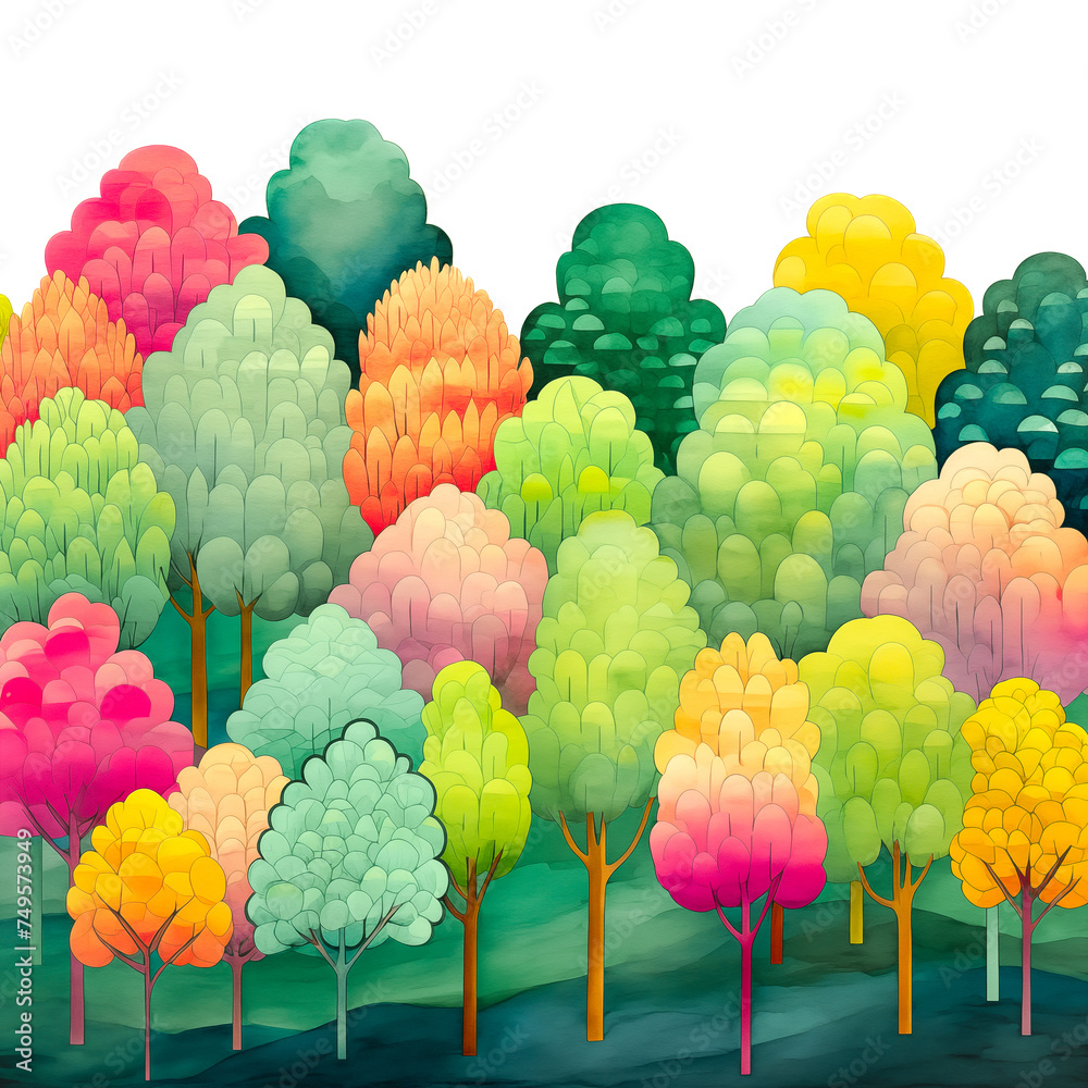 Cute watercolor spring forest. View of colorful forest with big trees ...