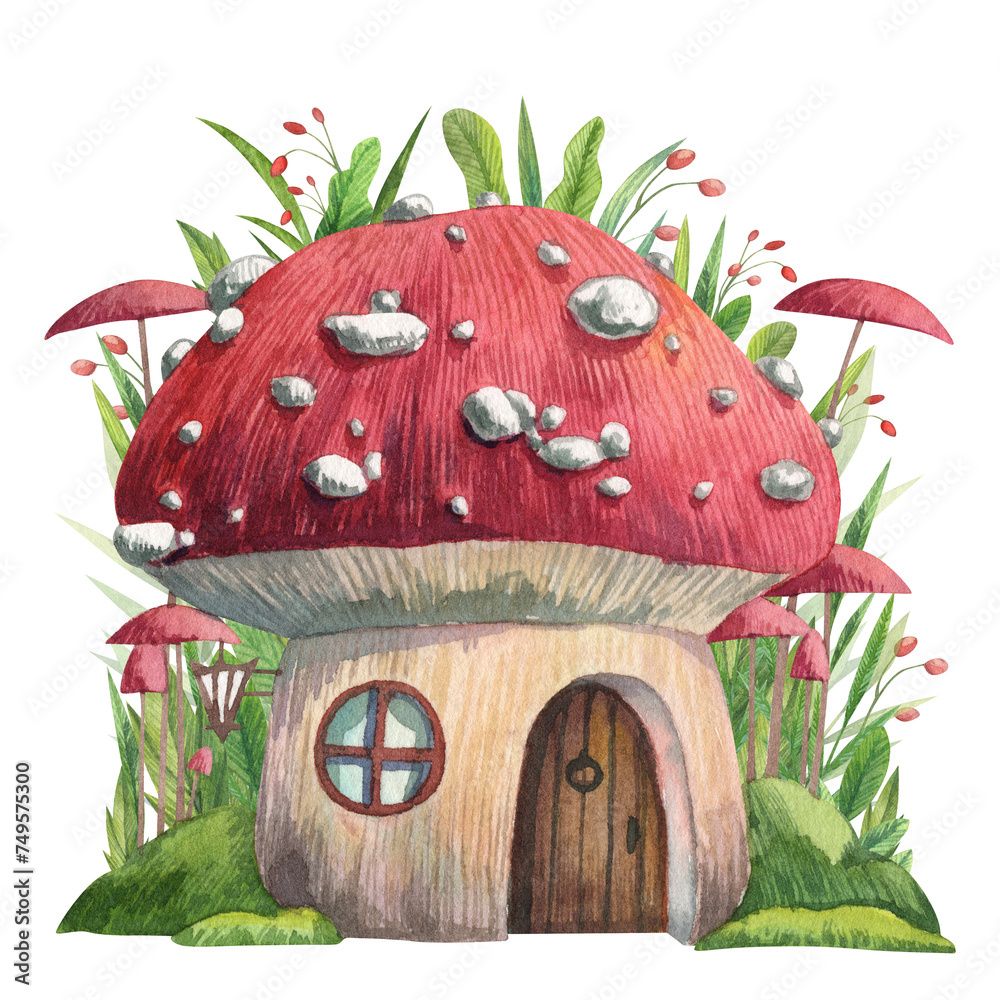 Fairy tale mushroom house illustration. Cute amanita gnome fairy house ...