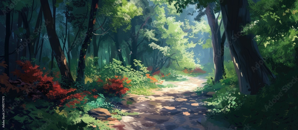 A painting depicting a narrow path winding its way through a dense ...