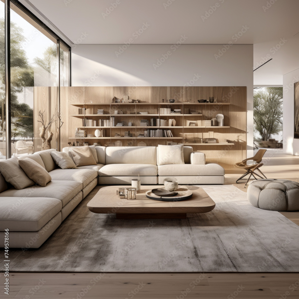 A chic living room with a low-profile sofa, a contemporary media ...