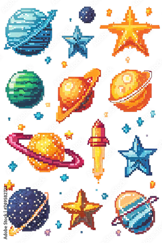 Retro Vintage Pixel Art Old Game Graphics Set Bundle Of Planets Universe Saturn Galaxy Space