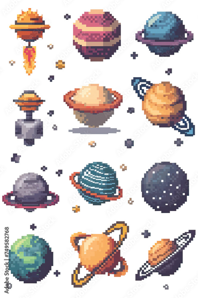 retro vintage pixel art old game graphics set bundle of planets ...
