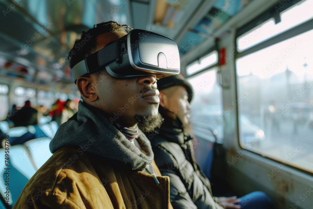 A man journeys through alternate realities using a VR headset on a city ...