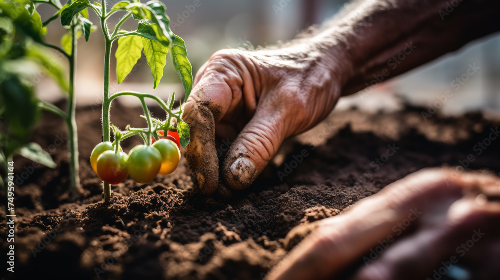 Senile hands are planted in the soil, seeds and seedlings. Agriculture ...