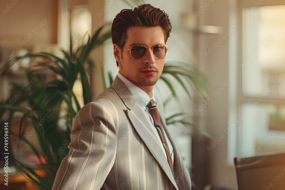 American handsome man dressed in business clothes of the 90s, an office ...