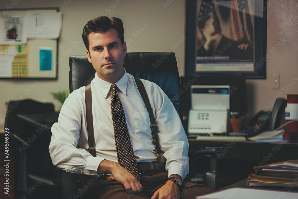 American handsome man dressed in business clothes of the 90s, an office ...