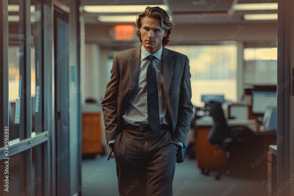 American handsome man dressed in business clothes of the 90s, an office ...