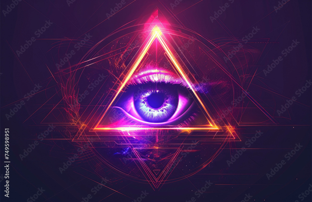 Neon All-Seeing Eye. Eye in triangle pyramid masonic symbol outline ...