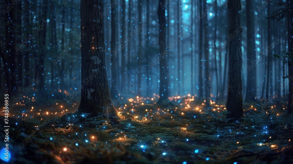 Numerous glowing lights illuminate a dense forest, creating a magical ...
