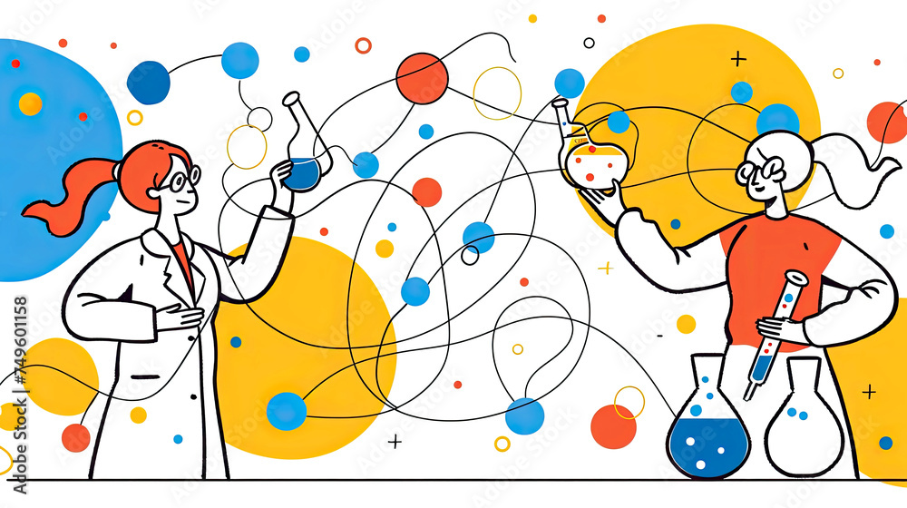 Cartoon illustration of female scientists working together in a lab ...