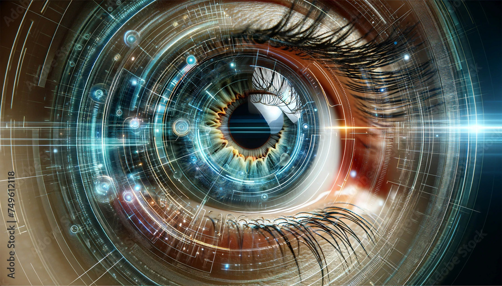 Close-up of a human eye, with virtual hologram elements surrounding the ...