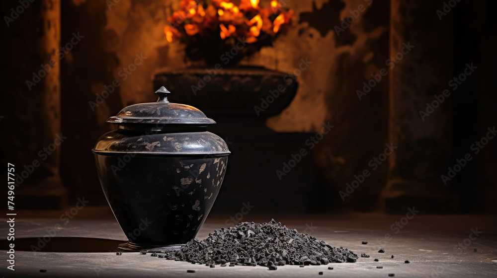 urn with ashes on the background of a crypt, temple, funeral, death ...