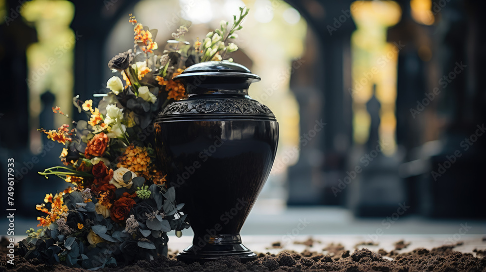urn with ashes on the background of a crypt, temple, funeral, death ...