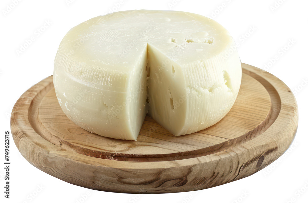 Whole round cheese on a matching round wooden board, cut out - stock ...