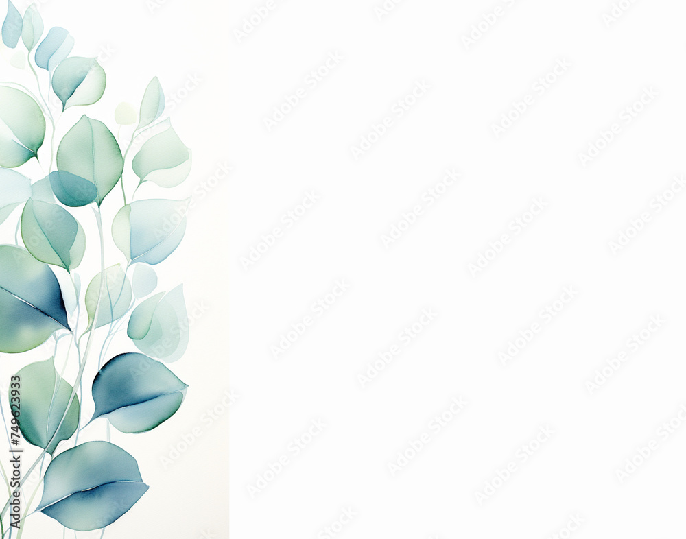 watercolor leaves border frame left side background blue green, teal ...