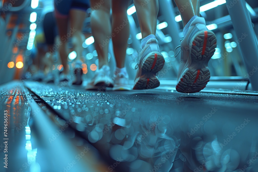 people running on tread machines in the gym, in the style of romantic ...