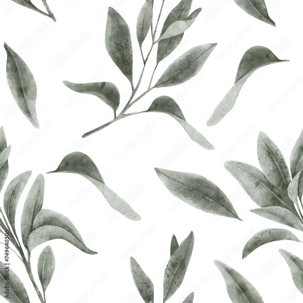 Seamless pattern with watercolor hand draw sage, green leaves, branch ...