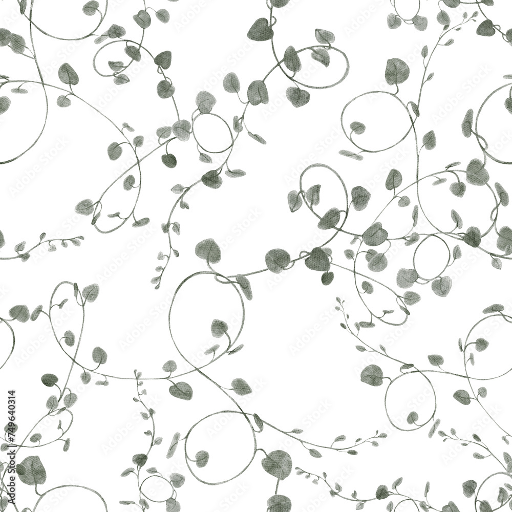 Seamless pattern with watercolor hand draw sage, green leaves, branch ...