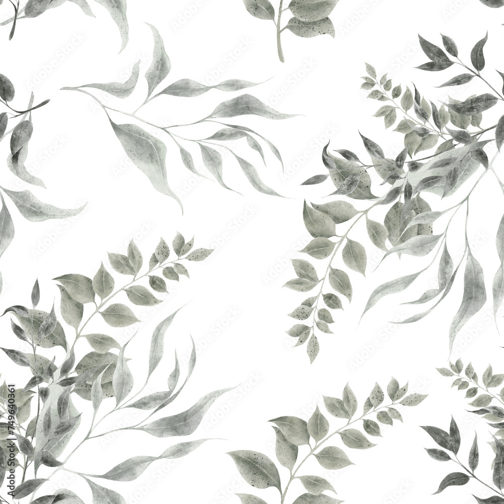 Seamless pattern with watercolor hand draw sage, green leaves, branch ...
