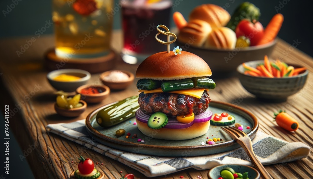 Fotografía Burger with small beef patty, Korean BBQ, and Thai pickles ...