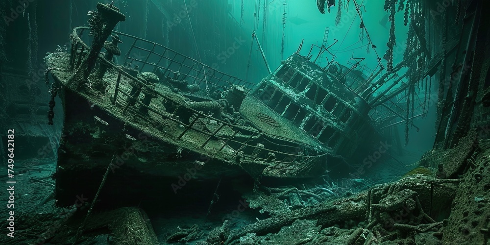 Shipwreck underneath the sea at the bottom of the ocean floor - sunken ...