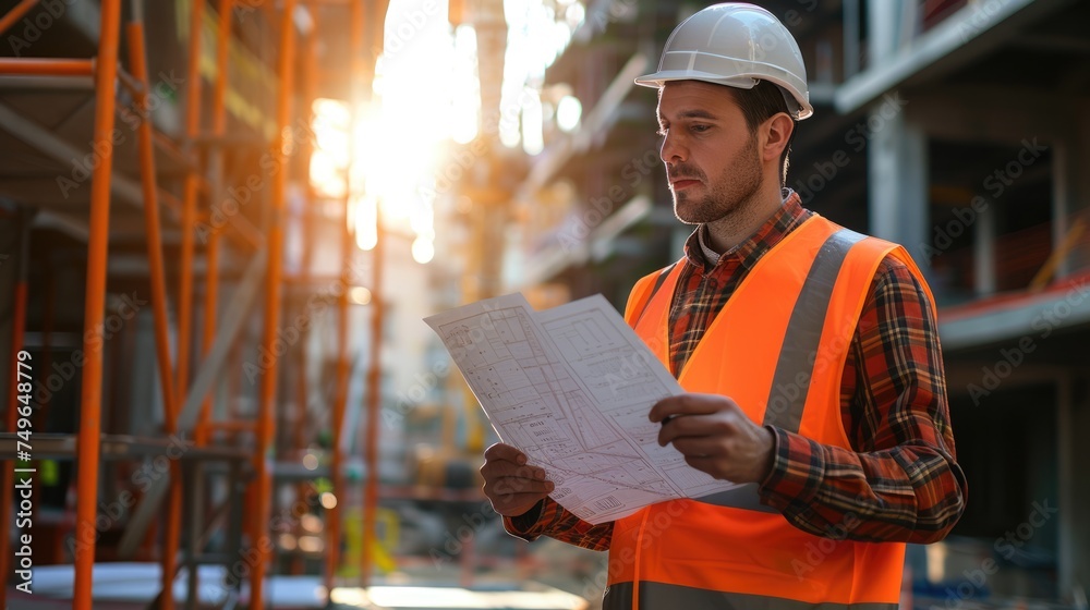 A tradesman, wearing a hard hat and high-visibility clothing, studies ...