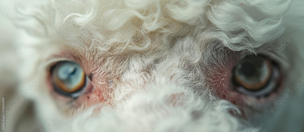 This close-up shows the eye of an elderly white poodle dog with visible ...